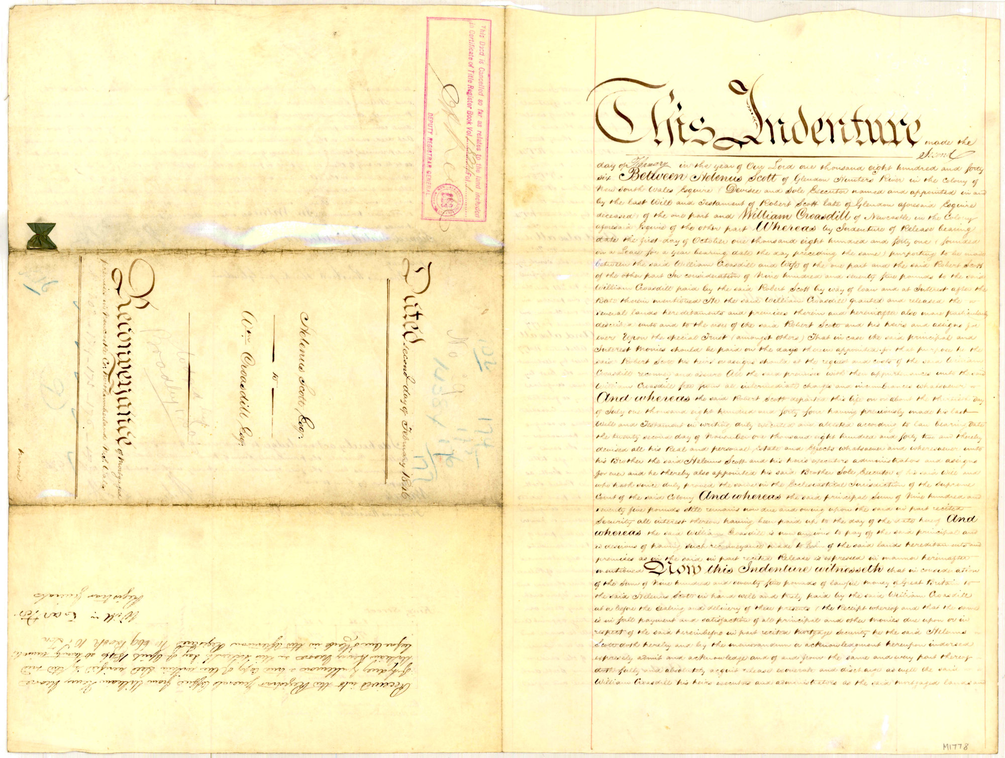 Indenture document between Helenus Scott of Glendon, Hunters River and ...