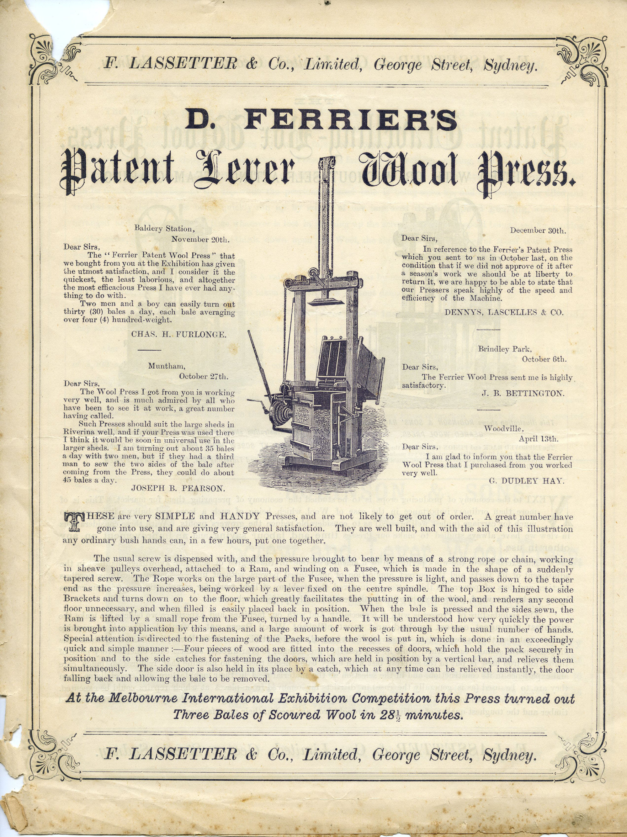 F. Lassetter and Co. Ltd - advertisement for D. Ferrier's patent lever ...