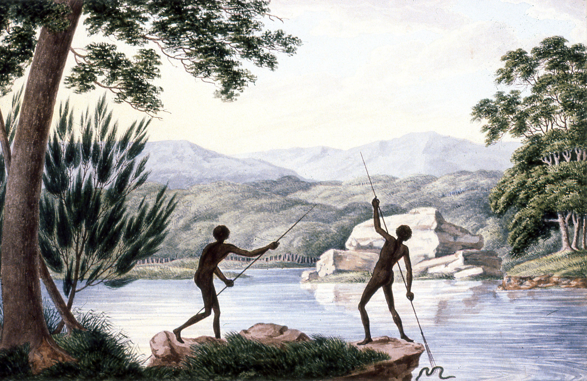 Two Aboriginal Australian men fishing for eels, New South Wales by ...