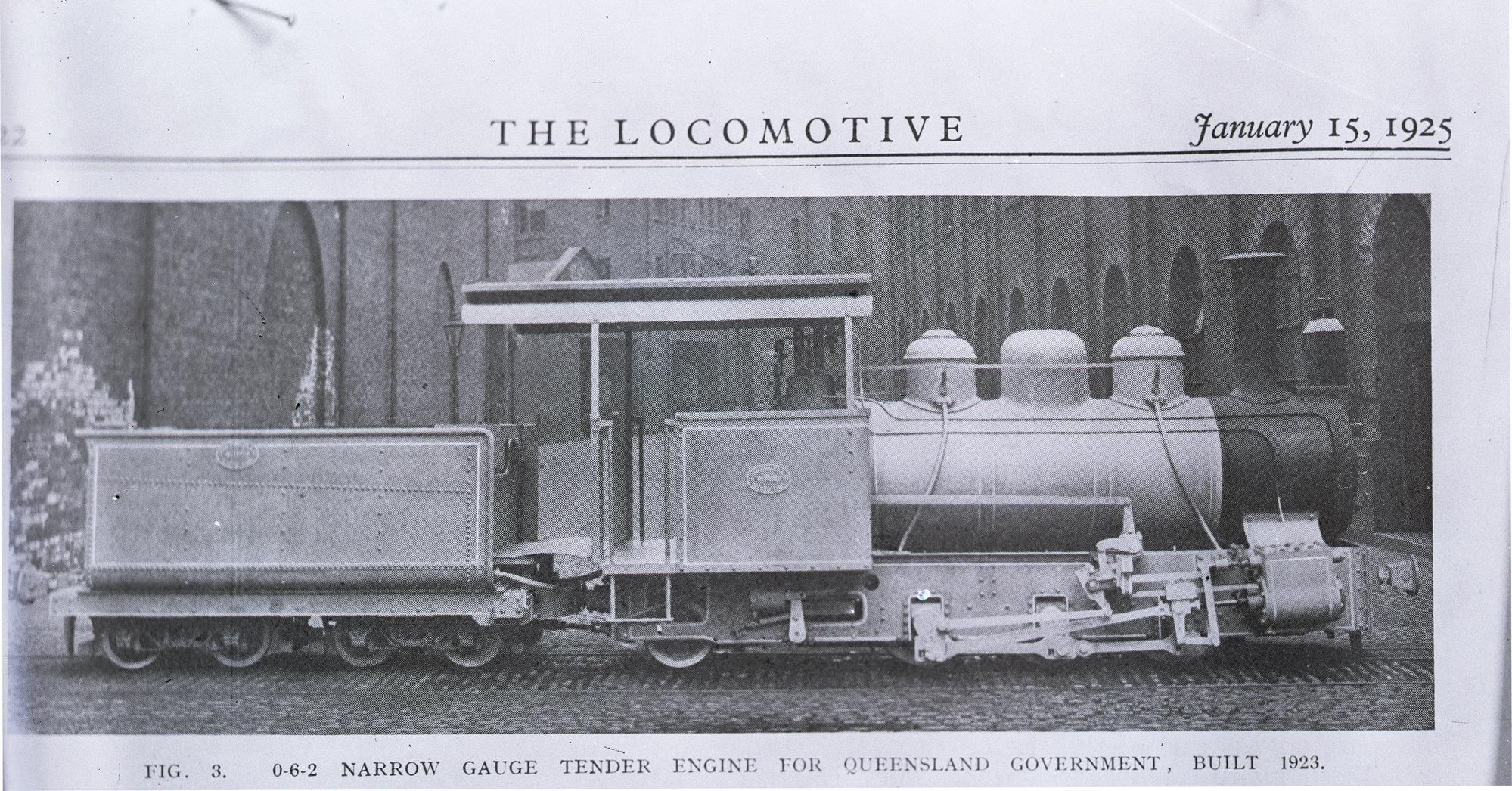 Advertisement for QGR, B9 1/2 Class, 0-6-2 narrow gauge tender engine ...