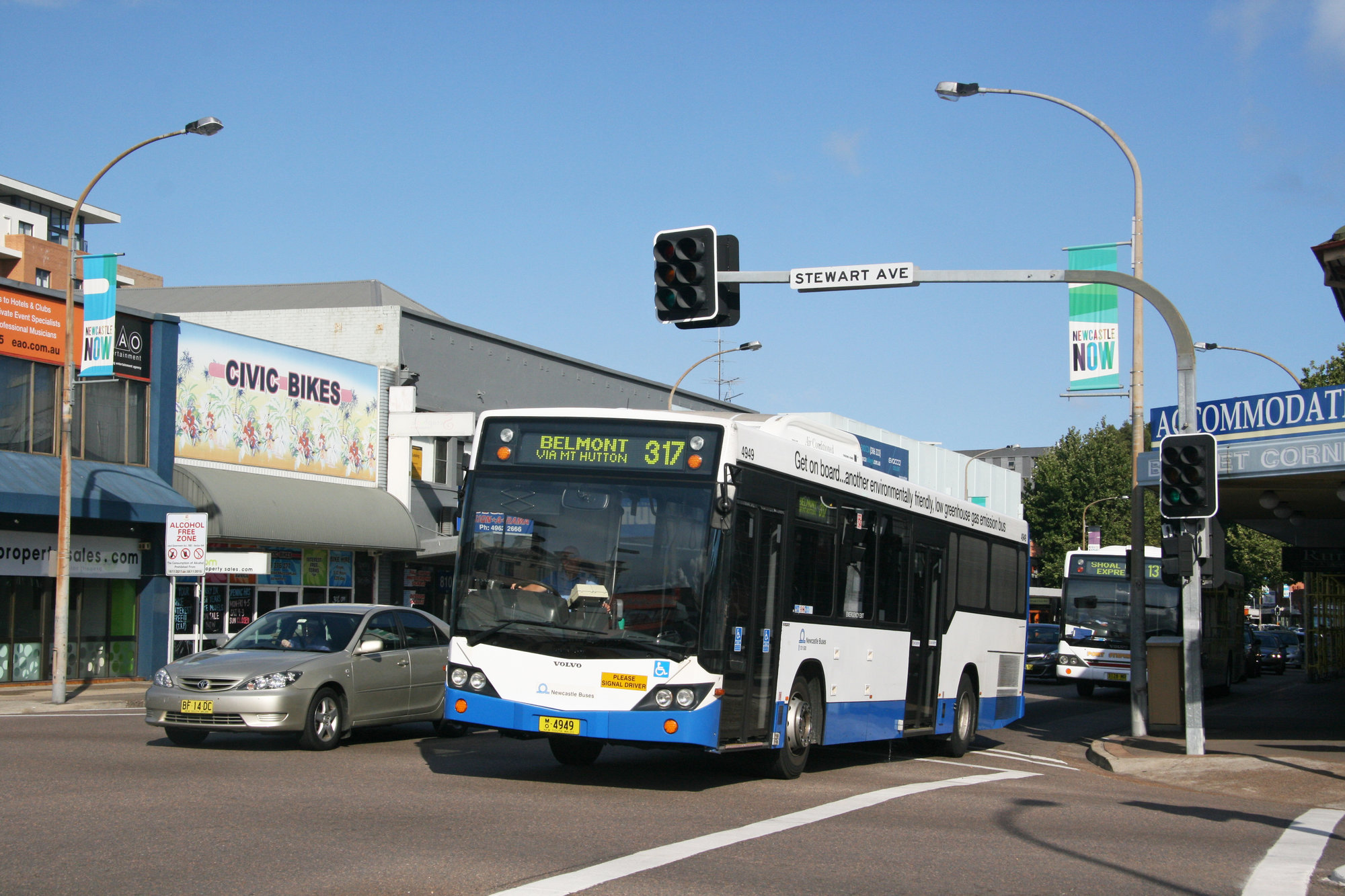 STA Volvo B12BE 4949, Port Stephens Volvo B12BLE 3128-MO, Hunter Street ...