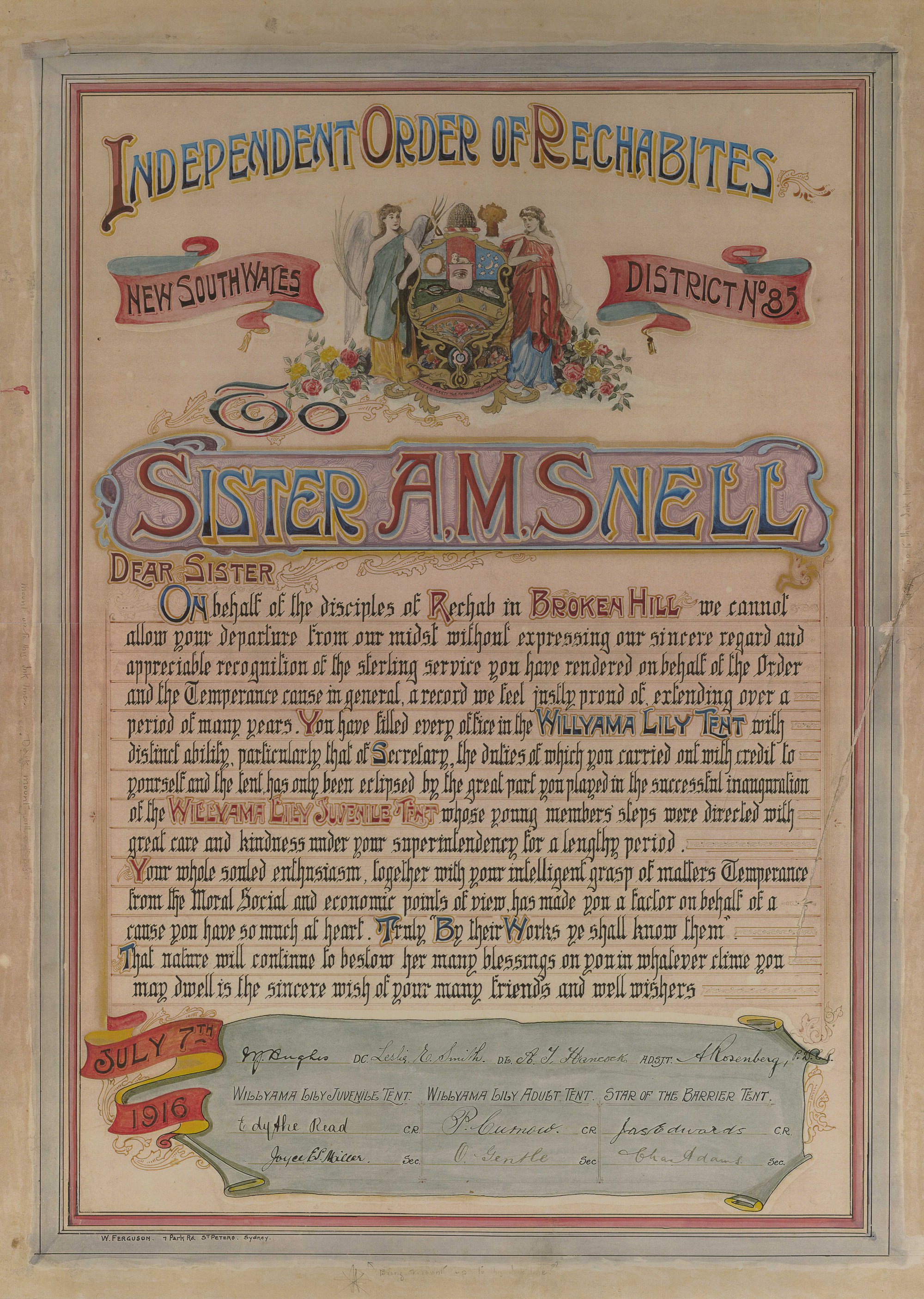 Certificate, Sister A M Snell, Independent Order of Rechabites, Broken ...