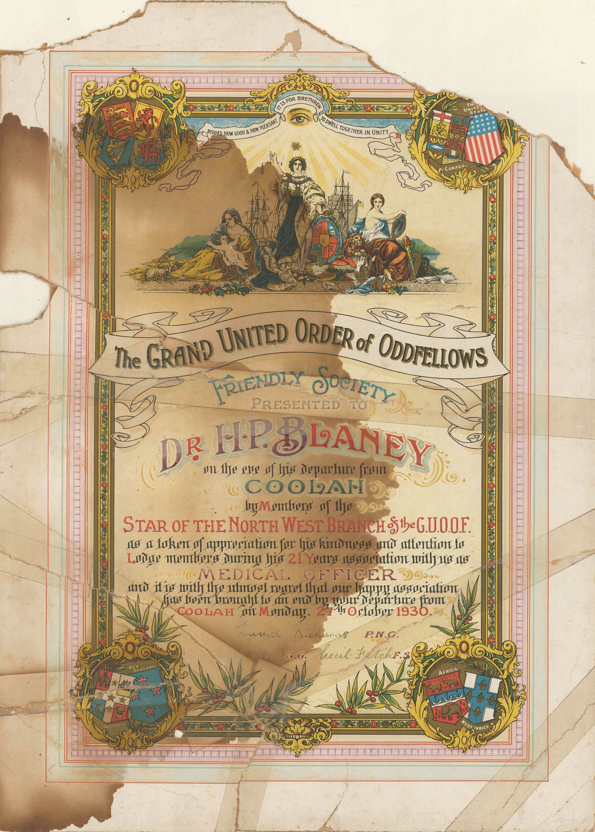 Certificate, Dr H P Blaney, Star of the North West Branch G.U.O.O.F ...