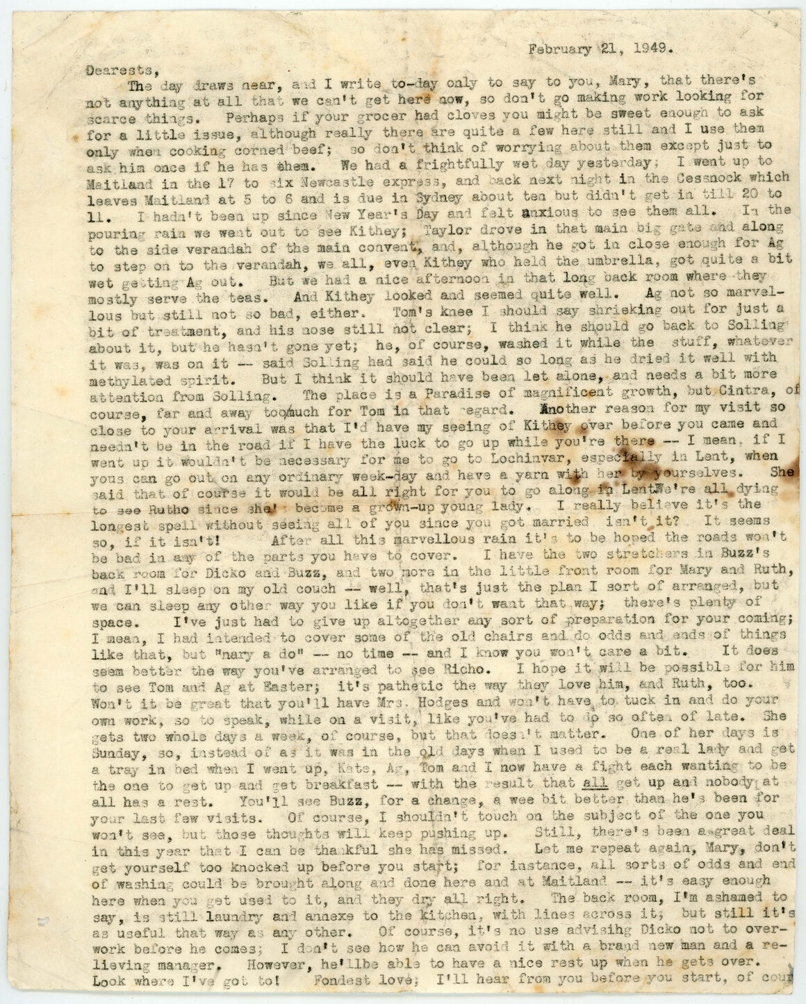 Letter from Amy Long to family at Cintra, 21 Febuary 1949 | Living ...