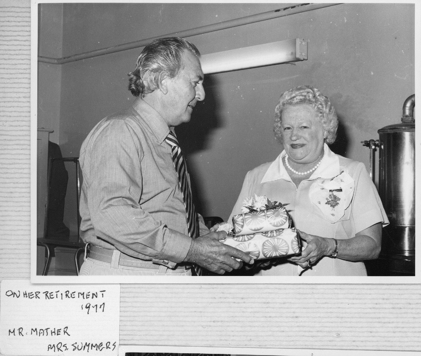 Mrs. Summers, right and Mr. Mather, left at Mrs. Summers retirement ...